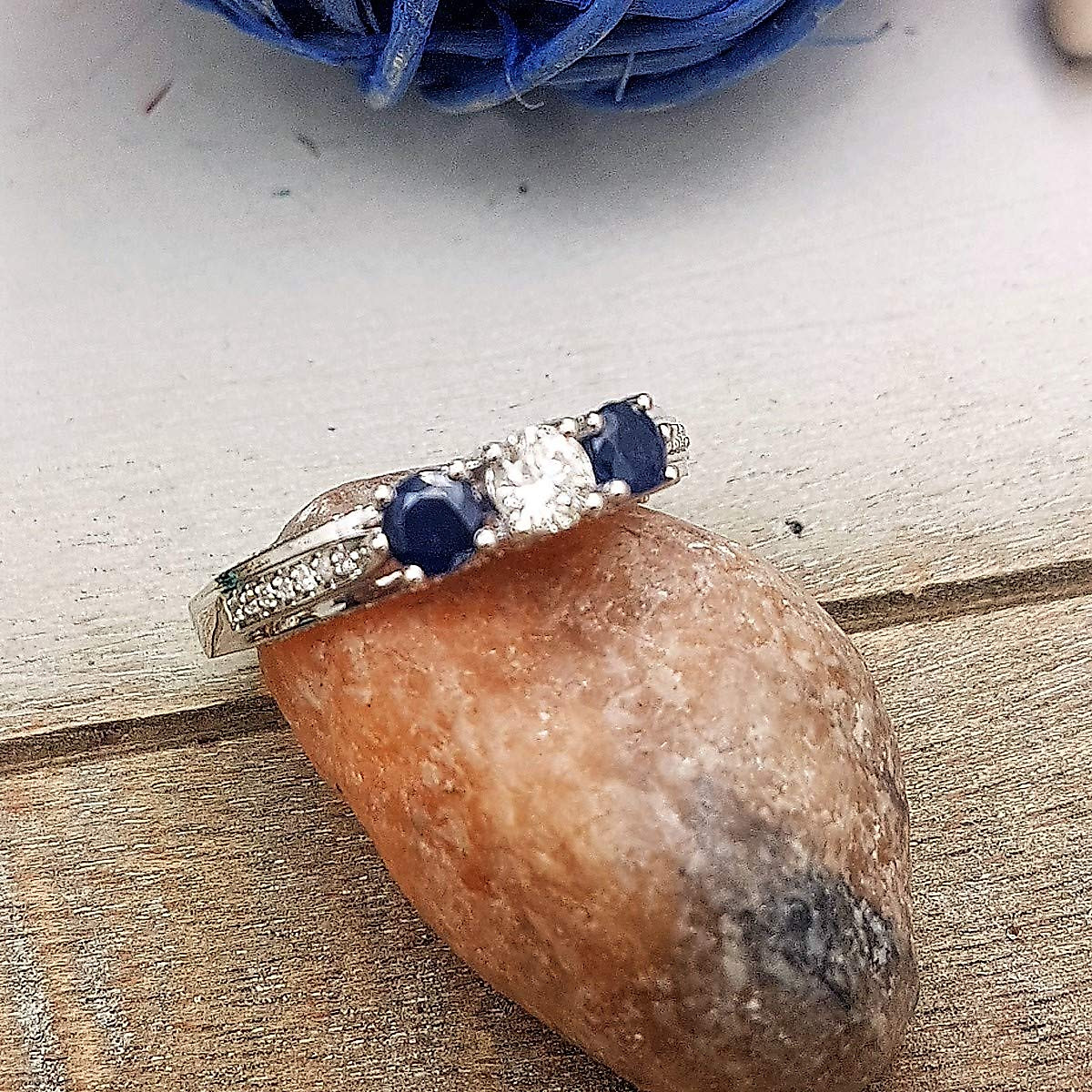 Dazzlingrock Collection Round Blue Sapphire & White Diamond 3 Stone Wedding Ring for Women in 14K White Gold Size 7.5