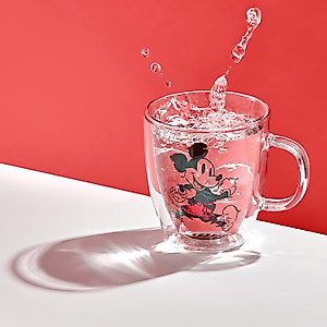 JoyJolt Mickey Mouse 13.5oz Glass Cups Set. 2 Insulated Double Wall Glass Coffee Cups, Insulated Coffee Cup Set. Unique Coffee Mugs, Large Espresso Cups. Disney Cups and Disney Mugs.