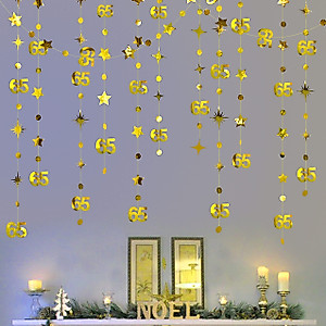 Gold 65th Birthday Decorations Number 65 Circle Dot Twinkle Star Garland Metallic Hanging Streamer Bunting Banner Backdrop for 65 Year Old Birthday Happy 65th Anniversary Sixy Five Party Supplies