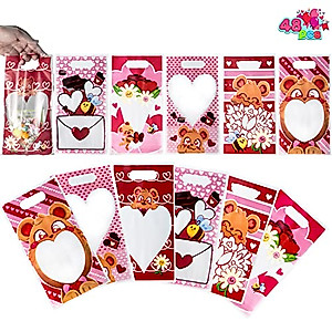 JOYIN 48 Pcs Valentine’s Day Gift Bag Plastic Treat Bags, Cellophane Candy Bags in 6 Designs with Heart Shaped Window for Kids Valentine Party Favor Supplies, Classroom Gift Exchange Goodie Bags