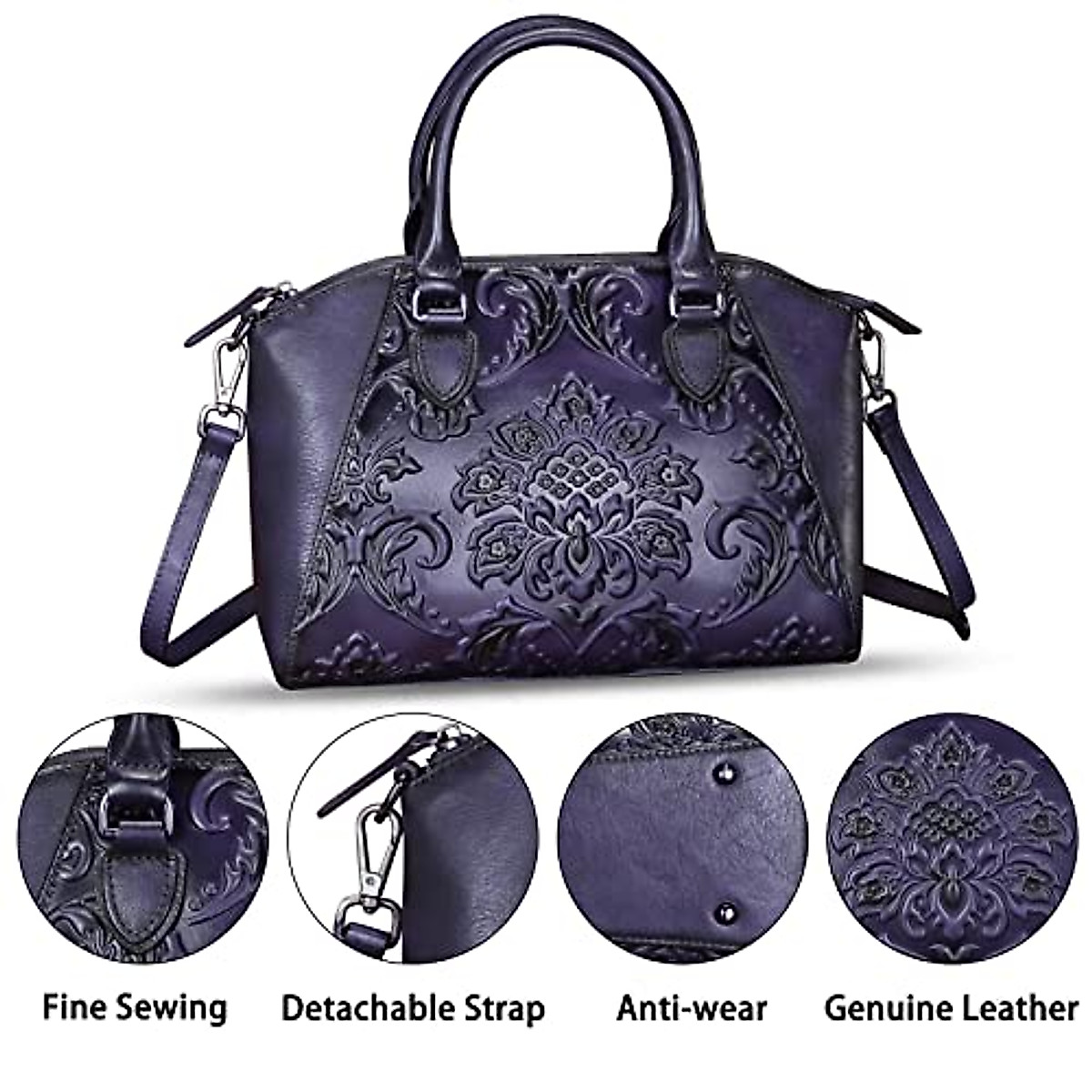 Genuine Leather Satchel for Women Embossed Leather Handbag Top Handle Bags Handmade Purse Crossbody Tote Handbags (Purple)