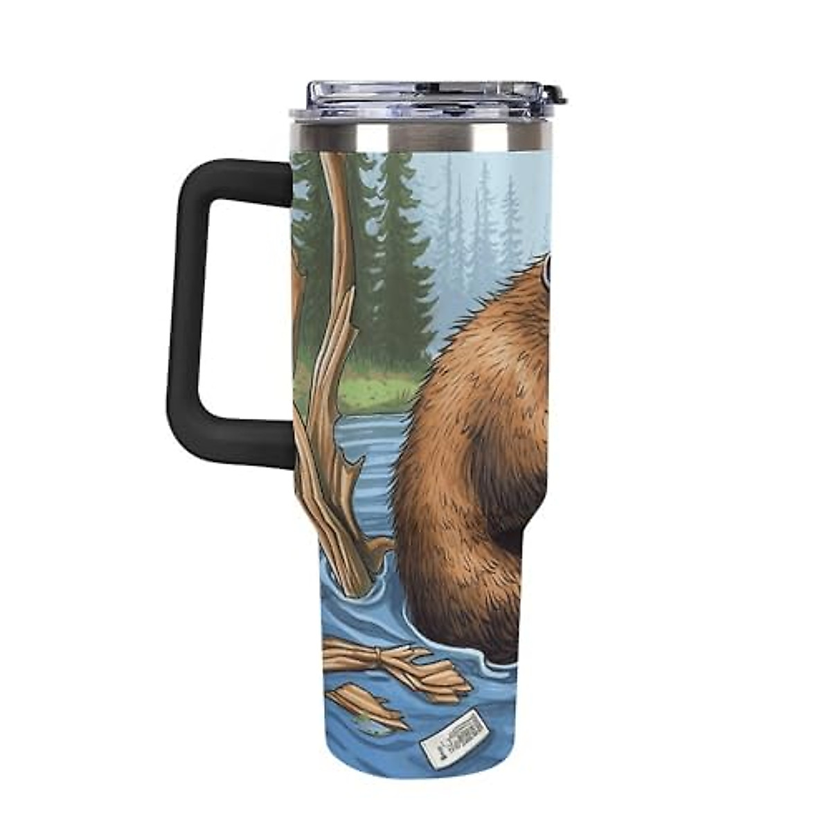 LLUTSNTH 40 Oz Vacuum Tumbler with Black Handle Leakproof Insulated Tumbler Busy Beaver Cartoon Stainless Steel Travel Mug with Lid And Straw Coffee Cup Cute Water Bottles Cup Holder Friendly