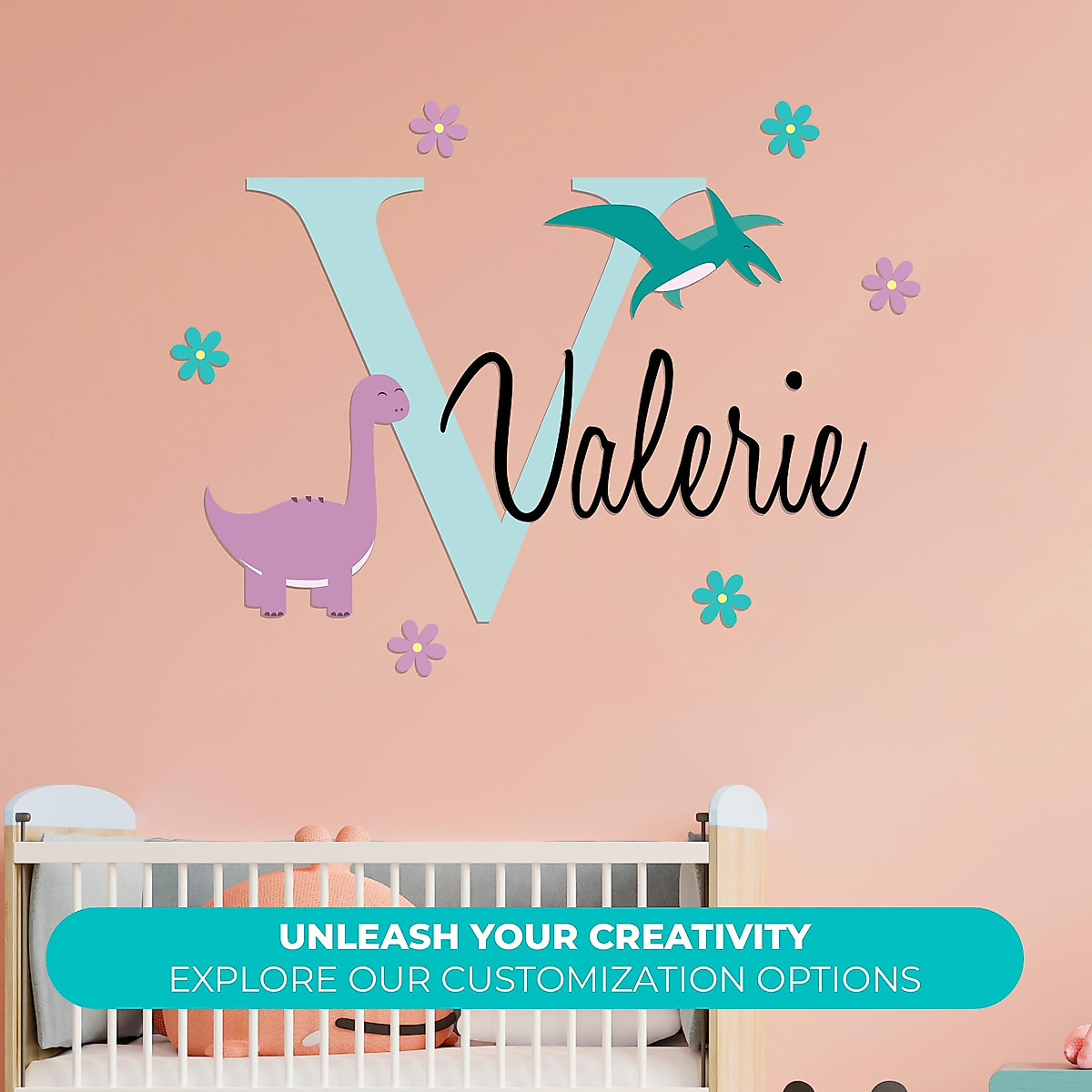 Custom Name & Initial Dinosaur Wall Decals I Personalized Dinosaur Bedroom Decor for Boys or Girls I Dinosaur Birthday Party Supplies I Nursery Wall Decal (Wide 32" x 20" Height)