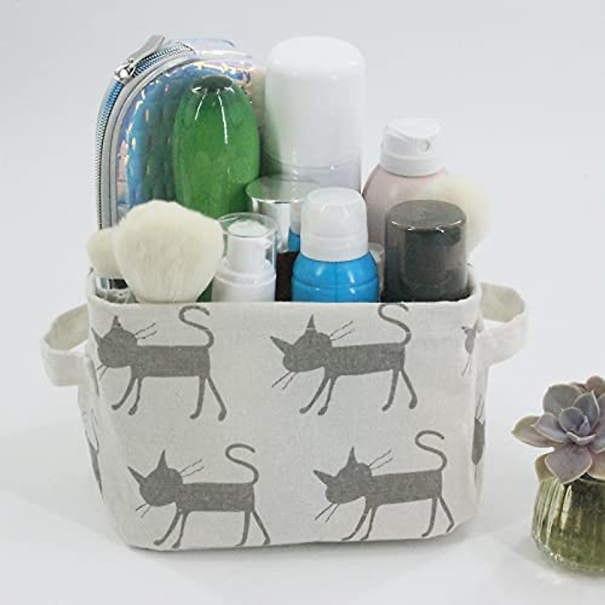 Mziart Small Foldable Canvas Storage Basket with Handles, Cotton Linen Storage Bin Organizer for Nursery Kids Shelves & Desks (Grey Cat)