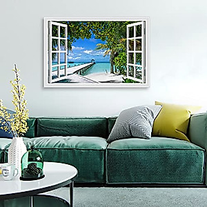 Window Beach Picture Canvas Wall Art Ocean Palm Tree Maldives Nature Landscape with Framed Living Room Blue Decor 36x24