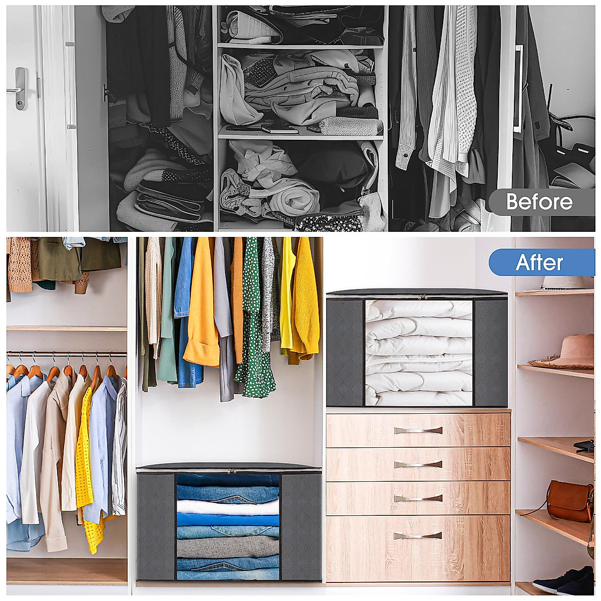 AIOR 4 Pack Clothes Storage Bags, Foldable Fabric Blanket Storage Bag, Storage Containers for Organizing, Clothing, Comforter, Sweater, Bedding, Bedroom, Pillows and Organization and Storage (Gray)