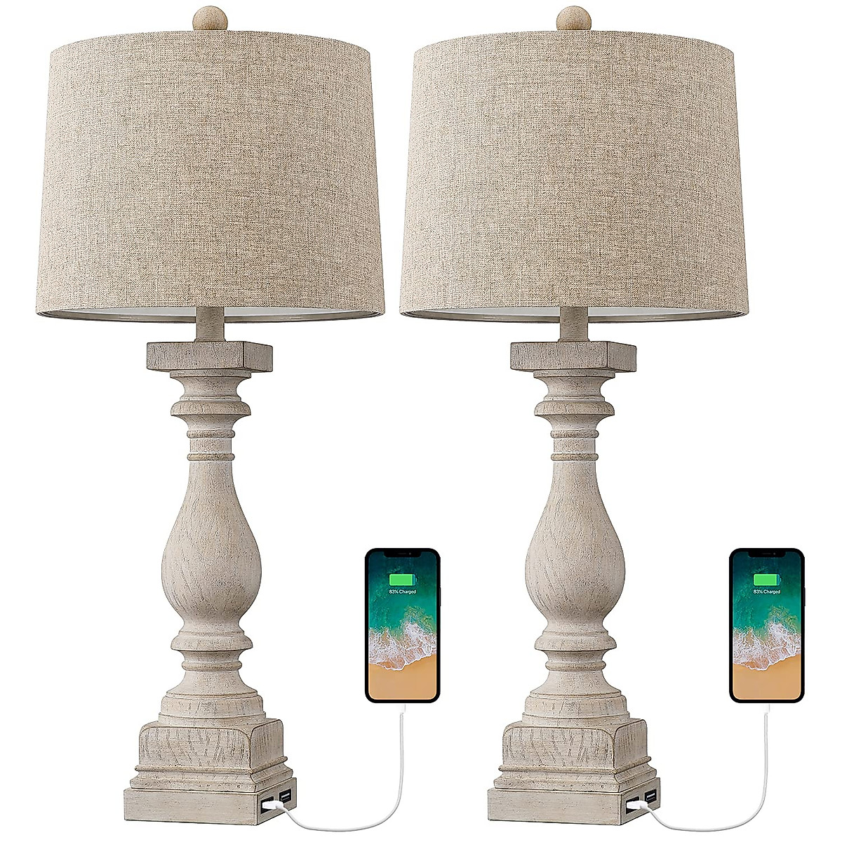 BOBOMOMO 27" Table Lamp with USB C+A Charging Ports Set of 2 Antique Nightstand Lamp for Bedroom Living Room Farmhouse Office Retro Rustic Resin Bedside Desk Lamps Washed White