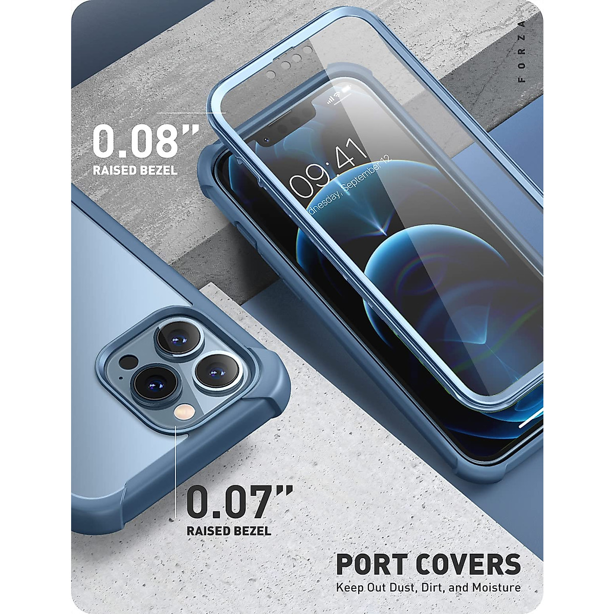 Clayco Forza Protective Case for iPhone 13 Pro Max 6.7 inch (2021 Release), Built-in Screen Protector, Dual Layer Rugged Cover with Full-Body Soft TPU Bumper (Azure)