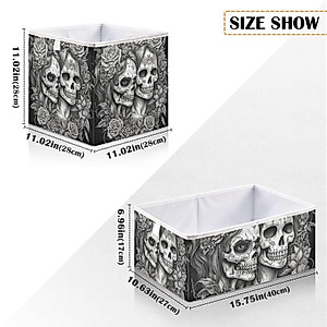 YMGQYJ Black White Skulls Floral Collapsible Storage Cube, Organizing Basket with Support Board for Shelf Closet Cabinet 15.7×10.6×6.9 in