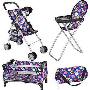 fash n kolor Doll 3 Piece Play Set Baby Doll Accessories - includes, 1 Pack N Play. 2 Doll Stroller. 3 Doll High Chair. Fits Up to 18'' Doll (Flower)