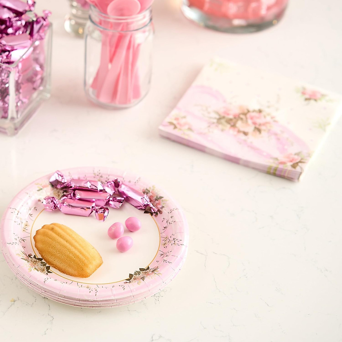 ROYAL BLUEBONNET Paper Plates and Napkins Set, Floral Design, 24 Pieces, Pink, Spring, Disposable Party Supplies