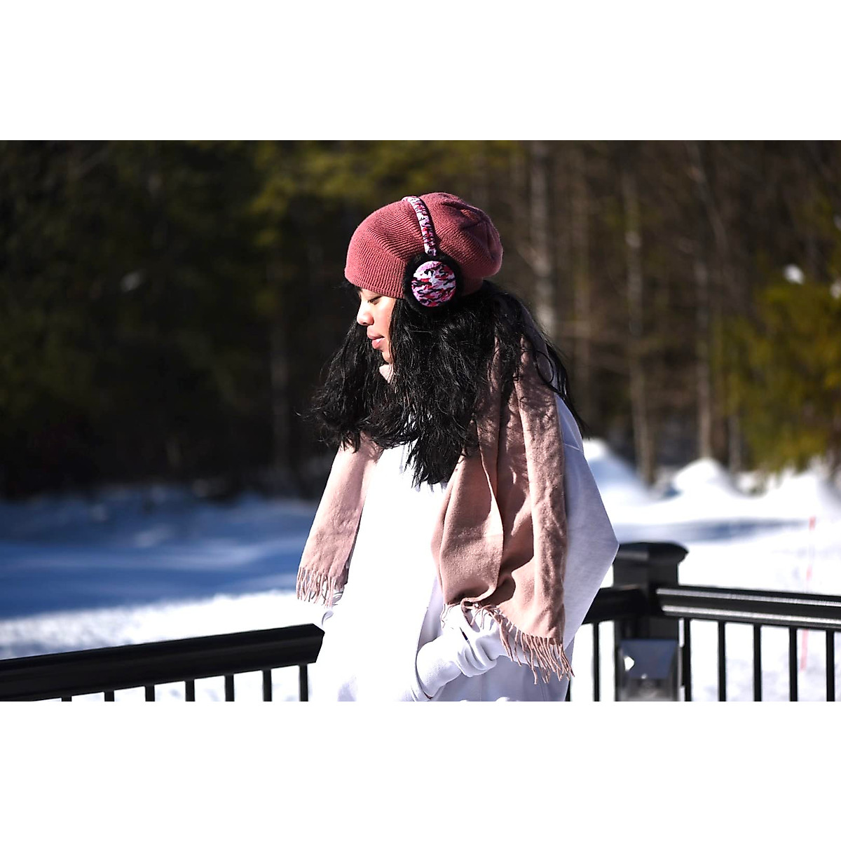 Popfizzy Pink Camo Fluffy Womens Ear Muffs for Winter, Fuzzy Earmuffs for Adults, Adjustable Winter Ear Warmer