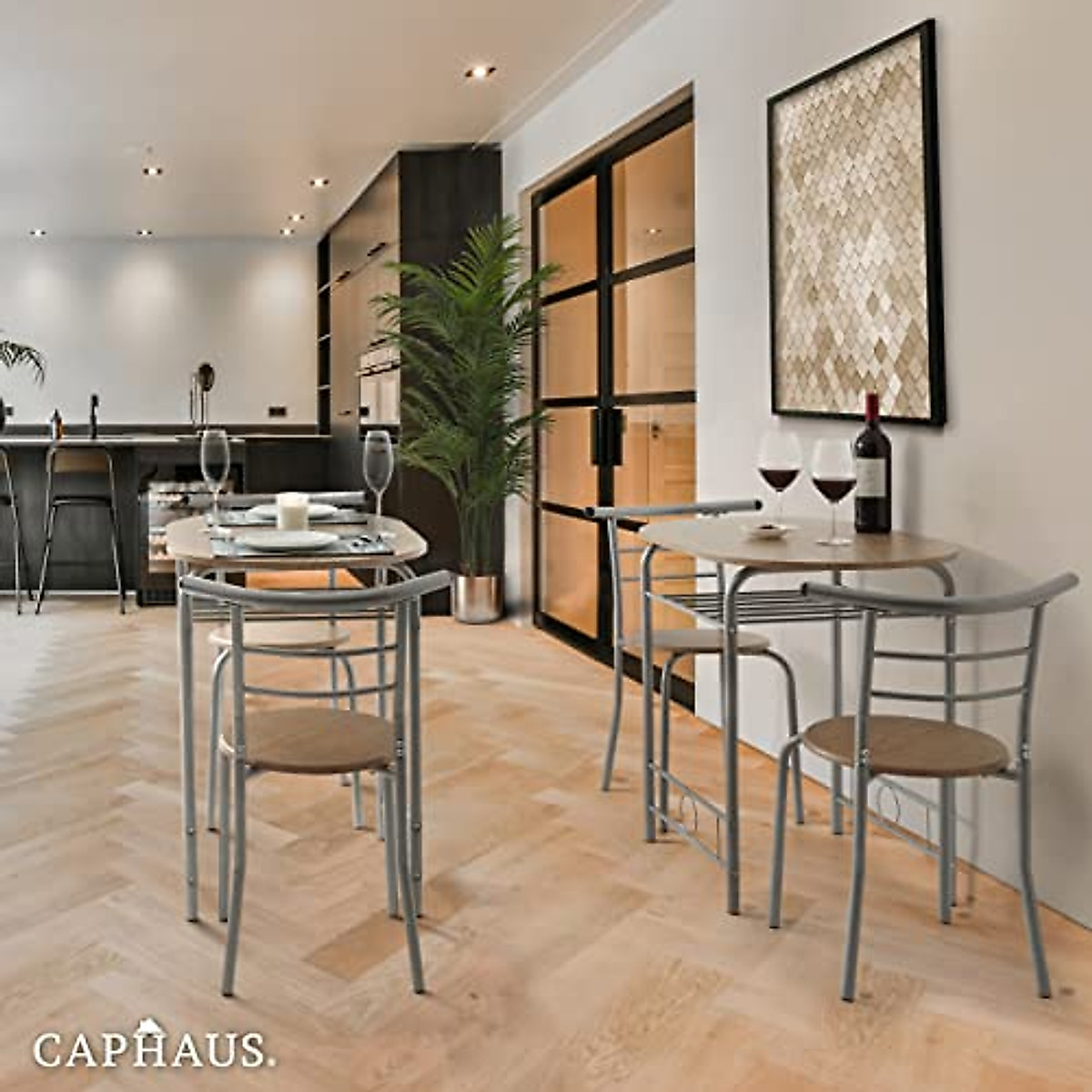 CAPHAUS 3 Pieces Dining Set for 2, Small Kitchen, Dining Room Table Set w/Steel Frame, 3 Pieces Patio Set w/Wine Rack, Small Dining Table Set for 2, Outdoor Dining Round Table Set, Black Oak