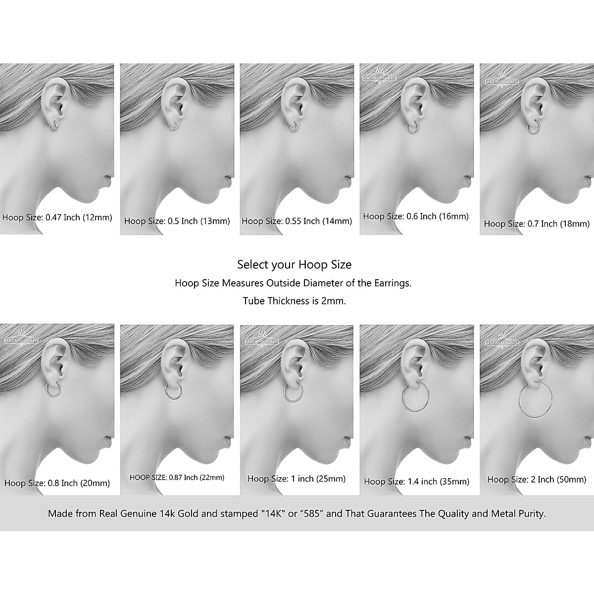 14k White Gold Polished Real Gold Hoop Earrings, Plain Round White Gold Hoop Earrings for Women, 14kt Real Gold 16mm (0.63 inch)