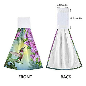 YYZZH Hummingbird Bird Pink Flower Green Leaves Floral Hibiscus Kitchen Hand Towels with Hook & Loop Set of 2 Absorbent Bath Hand Towel Hanging Tie Towel