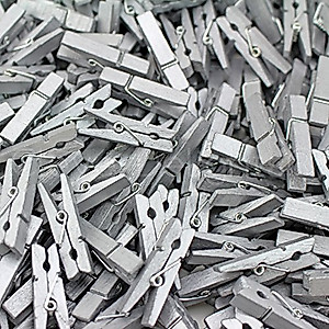 CleverDelights 1 3/8" Mini Wood Clothespins - Metallic Silver - 100 Pack