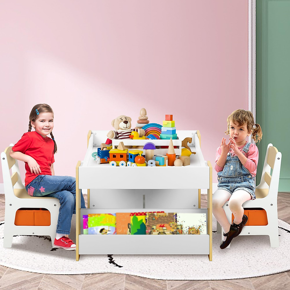 TODEFULL Kids Table and Chair Set, 4-in-1 Wood Activity Table w/Storage Bins, Detachable Tabletop, Blackboard, Bookshelf, Toddler Table and Chairs for Crafts/Drawing/Reading/Playing, Natural & Orange