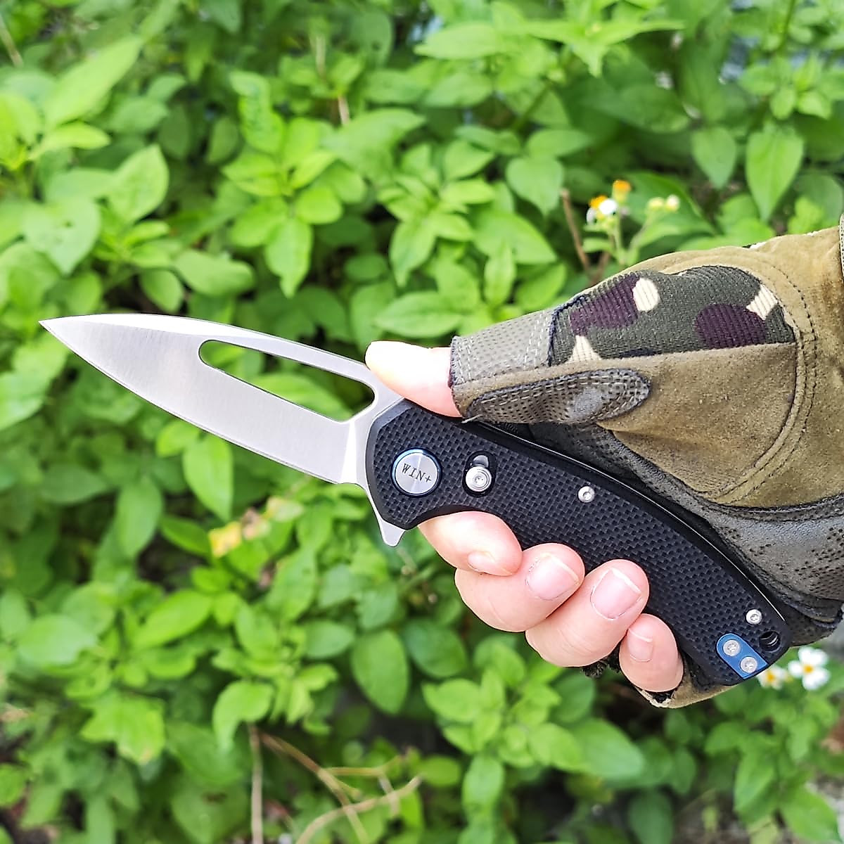 WIN+ Pocket Knife, Folding Knife with Button Lock and Axis Lock, Tactical Knife with Ball Bearing and Thumb Hole for Men and Women, Good for Camping and Outdoor 3444 (Black-G10)