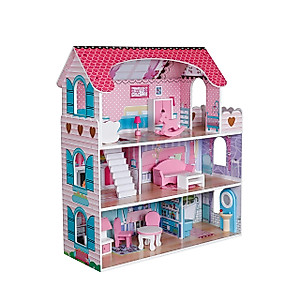 PIDOKO KIDS Wooden Dollhouse - includes 12 Pcs Furniture Accessories - Wood Doll House for 3 4-5 Year Old Girls