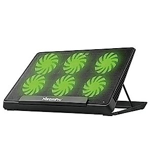 Xtrempro Portable Metal Mesh Laptop Cooler Cooling Pad, 6 Quiet Fans w/Green LED Light, 5 Adjustable Heights, Up to 17" in Notebook, 2 USB Interface w/Speed Control Switch, Non-Slip - Black (11147)