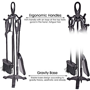 Tangkula Fireplace Set 5 Piece Rustic Heavy Duty Compact Wrought Iron Fire Place Tool Set with Pedestal Place, Hearth Tool, 25.5"