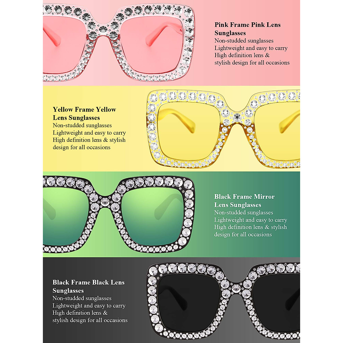 Frienda Oversize Square Sparkling Sunglasses Retro Thick Frame Sunglasses (Light Yellow, Clear Pink, Gray, Pink, 4 Pieces)