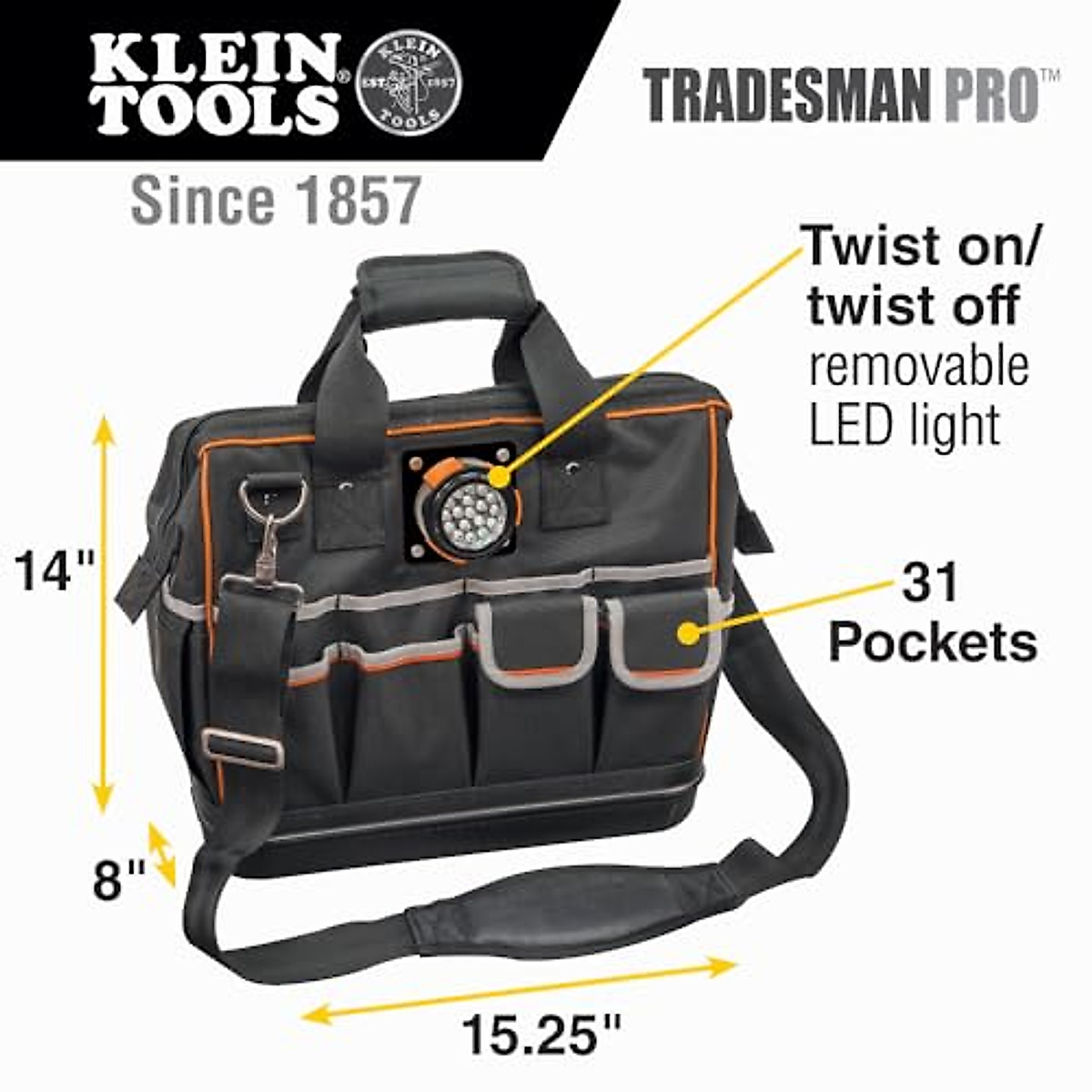 Klein Tools 55431 Tool Bag with Molded Bottom, Padded Shoulder Strap and Lighted Tool Storage with 31 Pockets