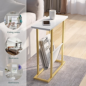 Yusong Small Narrow Side Table for Small Spaces, 17.7" W Slim End Table Magazine Table Nighstand with Storage Holder, Accent Skinny Snack Couch Bedside Table, Gold White, Complete Iron Pipes
