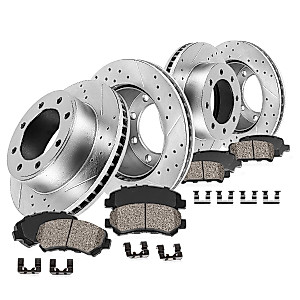 Callahan Brake Kit for 4WD Ford Excursion F250 F350 Super Duty Drilled and Slotted Brake Rotors Ceramic Brakes Pads Replacement: 13.03" inch Front and 12.83" inch Rear Rotors