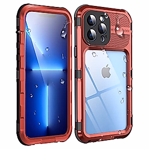 WIFORT iPhone 13 Pro Max Waterproof Metal Case - Built-in [Screen Protector][15FT Military Grade Shockproof][IP68 Water Proof], Full Body Aluminum Protective Dropproof Cover, 6.7" Red