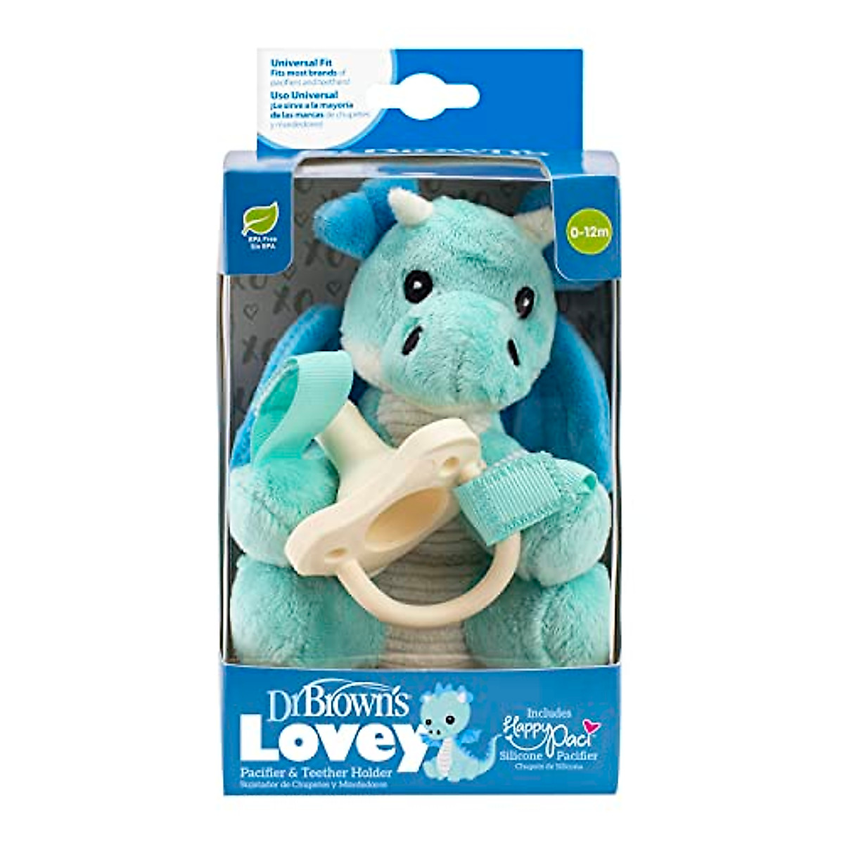 Dr. Brown's Baby Lovey Pacifier & Teether Holder, Dragon with Ecru HappyPaci, 100% Silicone, 0-6m