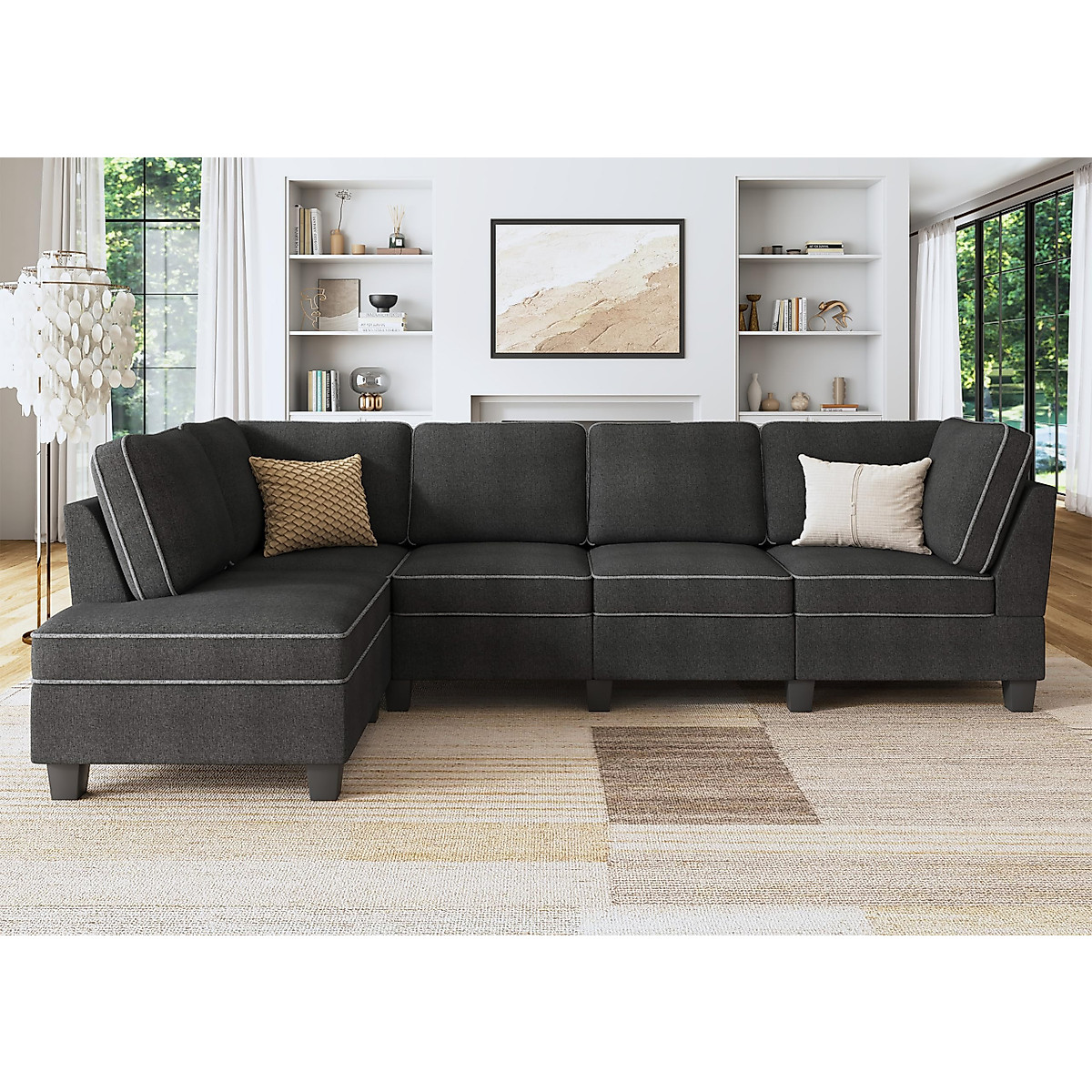 HONBAY Convertible Sectional Sofa, L Shape Couch with Chaise, Reversible Sectional Couch for Living Room, Dark Grey