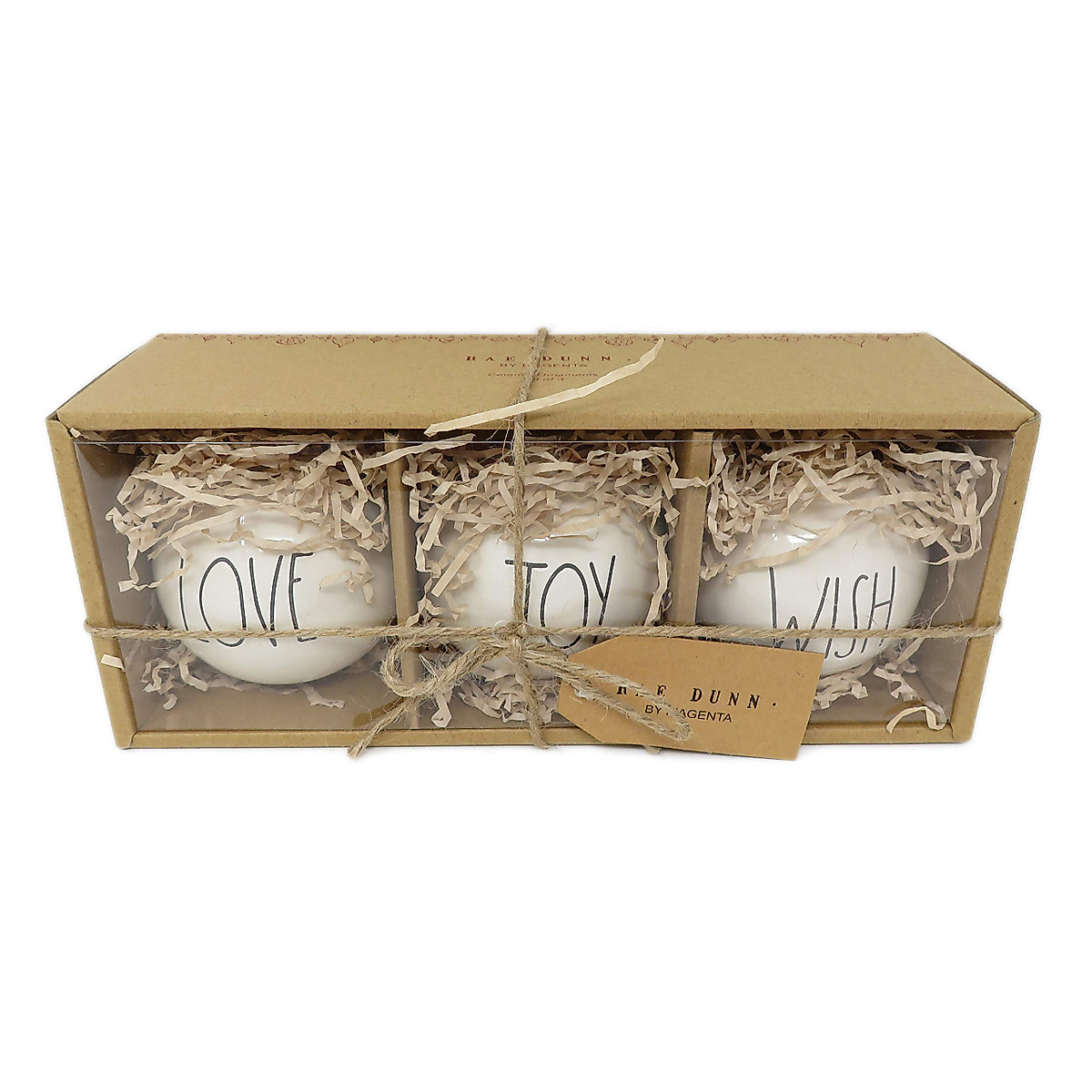 Rae Dunn by Magenta Set of 3 Love & Joy & Wish Ceramic LL Round Bulb Christmas Tree Ornaments