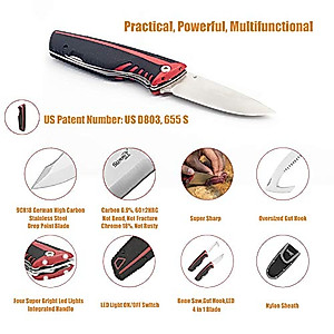 8.8in Survival Knife Outdoor Jungle Knives 9CR18 German High Carbon Steel Drop Point Tactical Knife Bone Saw Gut Hook LED Light 4 in 1 Knives with Nylon Sheath Red Black