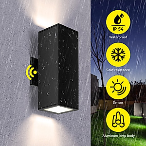 Tesjaso Dusk to Dawn Sensor Outdoor Wall Light Fixtures, LED Square Up and Down Lights, Modern Exterior Patio Lighting Sconce Aluminum IP65 Waterproof Lamp Dual Head NO Bulbs Wall Lantern