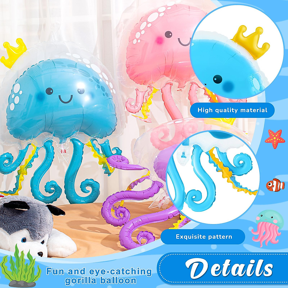 VercanMonth 6 Pcs 36 Inch Jellyfish Balloons Inflatable Jellyfish Octopus Sea Party Decorations Mermaid Party Decoration Baby Shower Decoration Supplies, in Pink Blue Purple