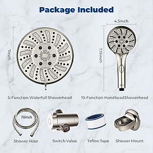 Shower Head Combo - WaterSong 4.5" 6-Setting Handheld Showerhead and 7" 5-Setting Rainfall Spray, One Click for High Pressure/Trickle Mode, with 70” Longer Stainless Steel Hose, Brushed Nickel
