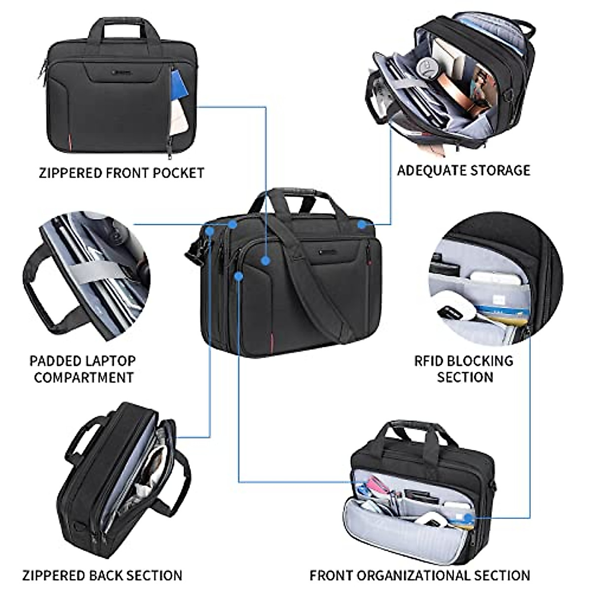 EMPSIGN Stylish Laptop Bag Briefcase, 17.3 Inch Laptop Case Expandable Messenger Bag for Men Water Repellent, RFID Blocking Office Carrying Shoulder Bag for Work Business Travel-Black