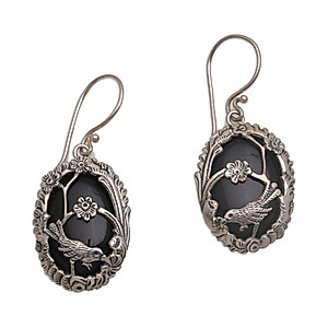 NOVICA Artisan Handmade Onyx Dangle Earrings 925 Silver Birdthemed from Bali Sterling Indonesia Nature Floral Birthstone [1.5 in H x 0.7 in W x 0.2 in D] ' Avian Curiosity'