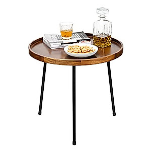 Yoimori End Table, 23 inch Wooden Round Coffee Table Nightstand with Tray and Metal Stand, Accent Table Ideal for Living Room Bedroom Office Small Spaces Indoor Outdoor