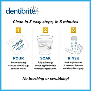 Dentibrite Crystals Cleaner for Removable Dental Appliances - Invisalign Aligners, Retainers, Guards, Dentures, Trays/Aligners - Odor Remover - No Persulfates or Dyes - 30ct - Made in USA