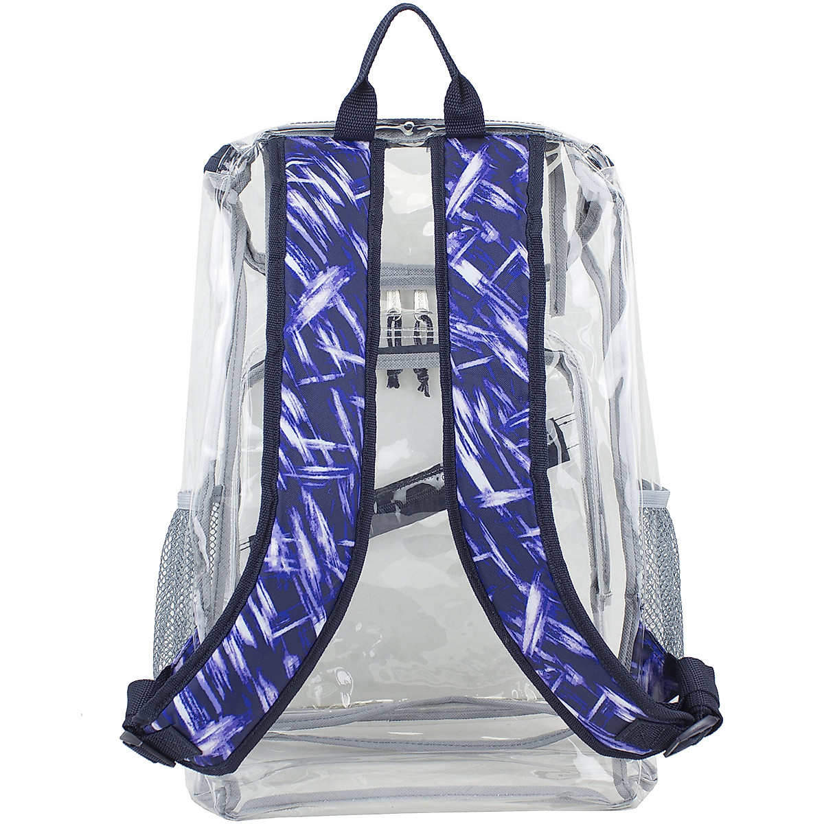 Eastsport Durable Clear Top Loader Backpack with Adjustable Printed Straps - Transparent - Navy Blue/Purple/Brushstroke Print Straps