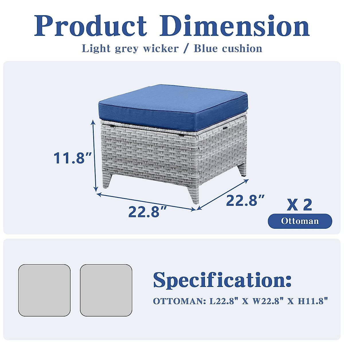 Belord Outdoor Furniture Ottoman Set of 2 Patio Seating Footstool All-weather Rattan Wicker Ottoman Seat with Soft Cushions for Patio Furniture Set