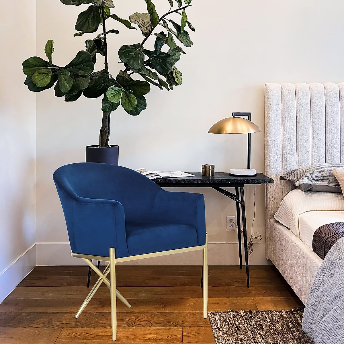 Adeco Velvet Upholstered Accent Golden Metal Legs, Corner Side Chair Single Sofa for Living Room Bedroom Office Armchair, Blue