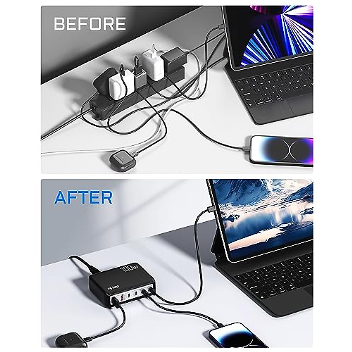 USB C Charging Station, 100W GaN 6 Port Charging Hub for Multiple Devices with PD3.0 and QC3.0 Fast Charging Stock, Power Strip for iPhone, iPad Air/Pro, Galaxy- Black