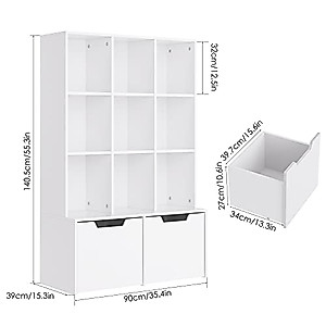 HIFIT Cube Bookshelf, 55.1" H Bookcase Storage Cabinet Wooden with 9 Compartments and 2 Large Drawers for Home Office Living Room, White 1Pcs