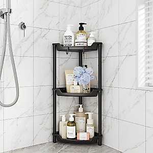 ELYKEN Corner Shower Caddy, 3 Tier Rustproof Floor Standing Shower Organizer, Plastic Metal Splicing Floor Shower Corner Shelf Rack Storage Stands Adjustable Feet & 2 Hooks for Bathroom, Black