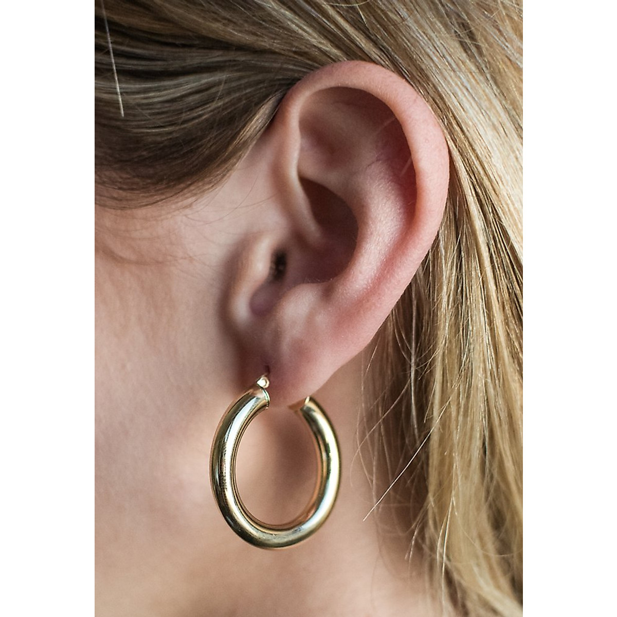 14K Yellow Gold 5mm Thick Wide Tube Medium Hoop Earrings with Click-Down Clasp, 1.2 In (32mm) (5mm Tube)