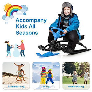 Costzon Snow Racer Sled, Ski Sled with Steering Wheel & Twin Brakes, Durable Steel Frame, Great Weight Capacity of 220 LBS, Classic Downhill Steerable Sled for Kids Teenagers Adult (Blue)