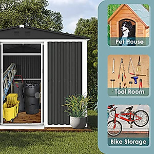 Betterland Outdoor Storage Shed 6×8 FT Garden Metal Tool House, Walk-in Steel Double Sloping Roof Shed with Sliding Door for Garden, Lawn, Backyard (Grey)